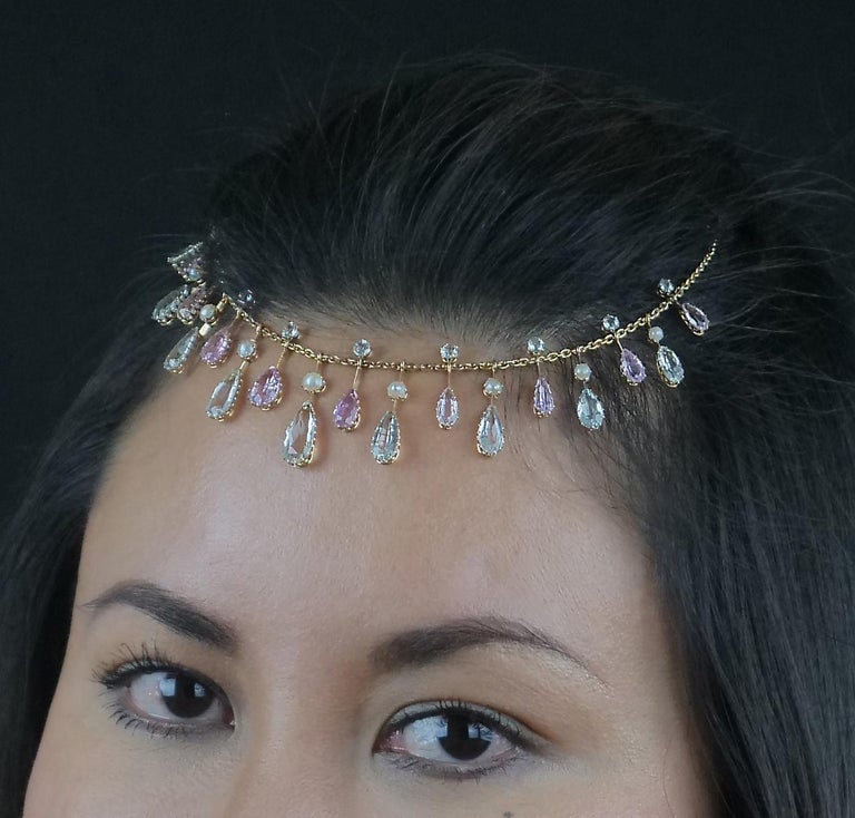 Antique Edwardian Natural Pearls, Aquamarine, Topaz Fringe Necklace or ...