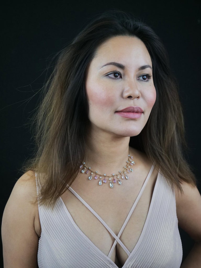 Antique Edwardian Natural Pearls, Aquamarine, Topaz Fringe Necklace or ...