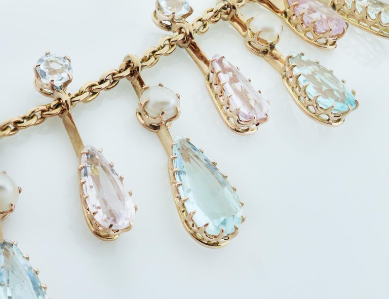 Antique Edwardian Natural Pearls, Aquamarine, Topaz Fringe Necklace or ...