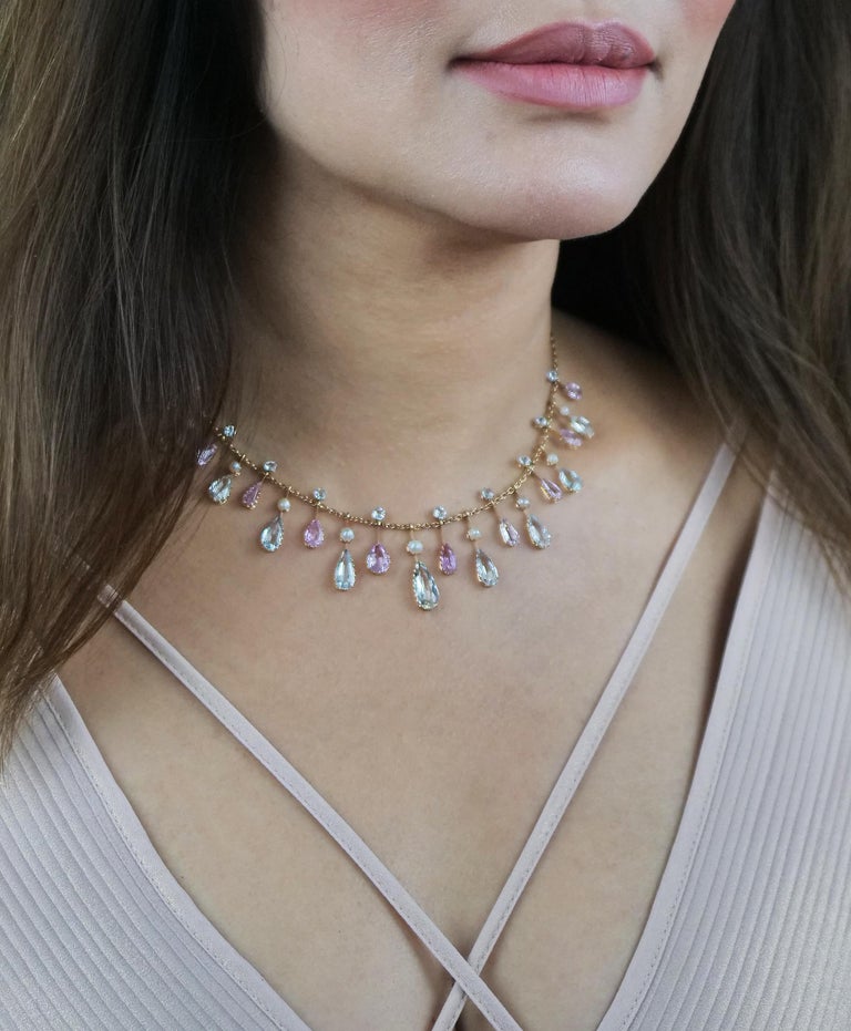 Antique Edwardian Natural Pearls, Aquamarine, Topaz Fringe Necklace or ...