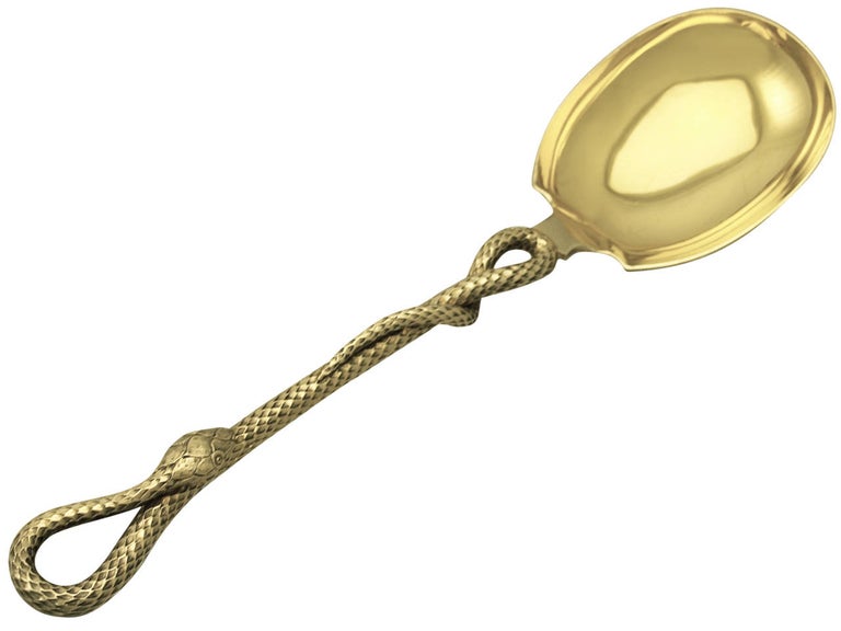 Antique Edwardian Pair of Sterling Silver Gilt Snake Serving Spoons at ...