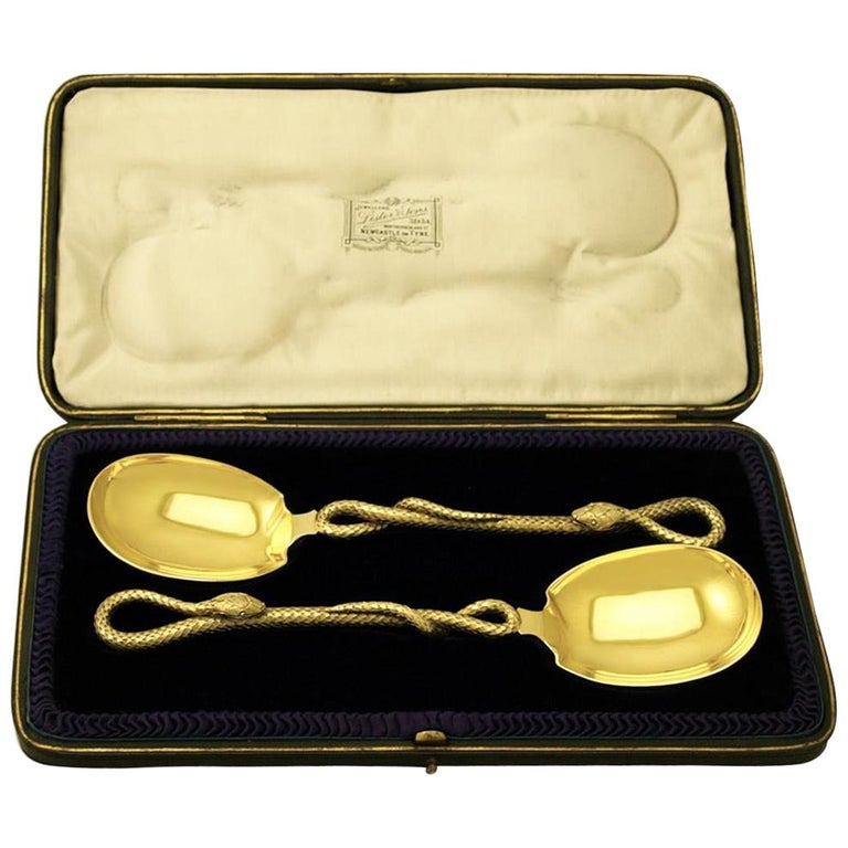 Antique Edwardian Pair of Sterling Silver Gilt Snake Serving Spoons For ...