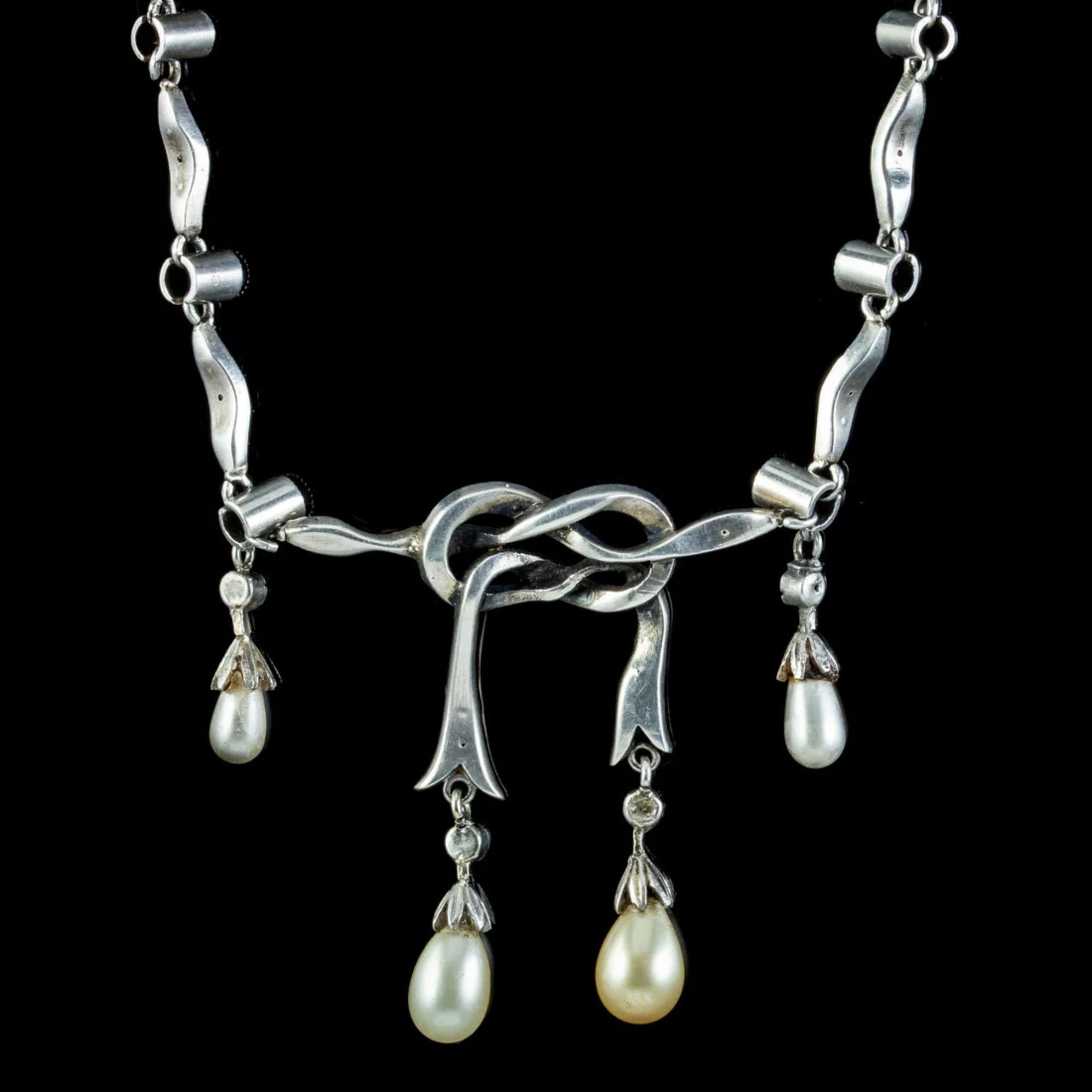 Antique Edwardian Pearl Paste Love Knot Lavaliere Necklace Silver ...