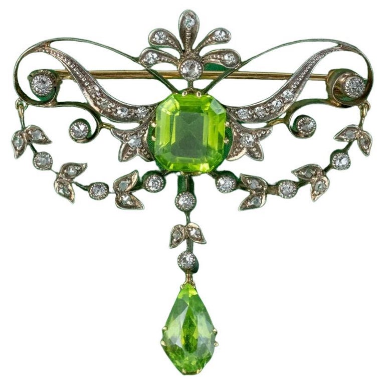 Antique Edwardian Peridot Diamond Brooch in 18ct Gold Silver For Sale ...