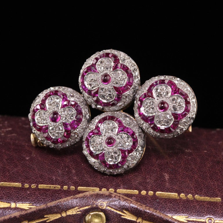 Antique Edwardian Platinum and 18K Gold Rose Cut Diamond Ruby Floral ...