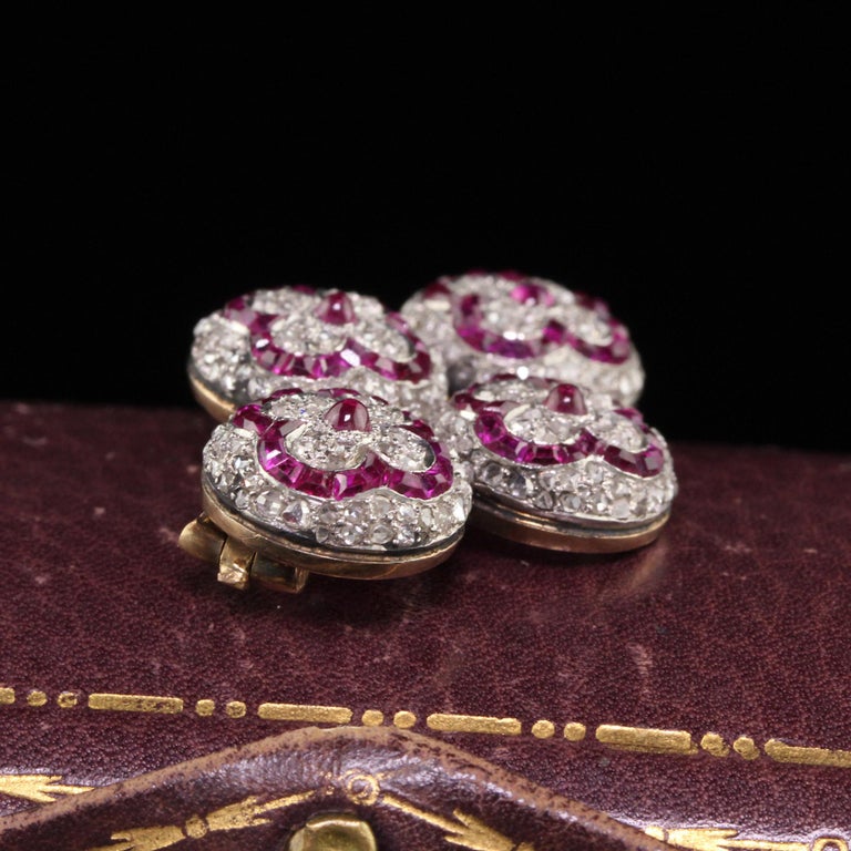 Antique Edwardian Platinum and 18K Gold Rose Cut Diamond Ruby Floral ...