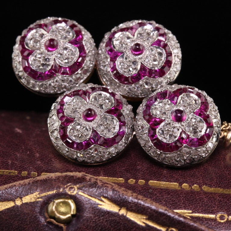 Antique Edwardian Platinum and 18K Gold Rose Cut Diamond Ruby Floral ...