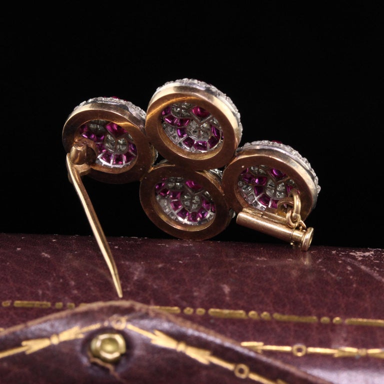 Antique Edwardian Platinum and 18K Gold Rose Cut Diamond Ruby Floral ...