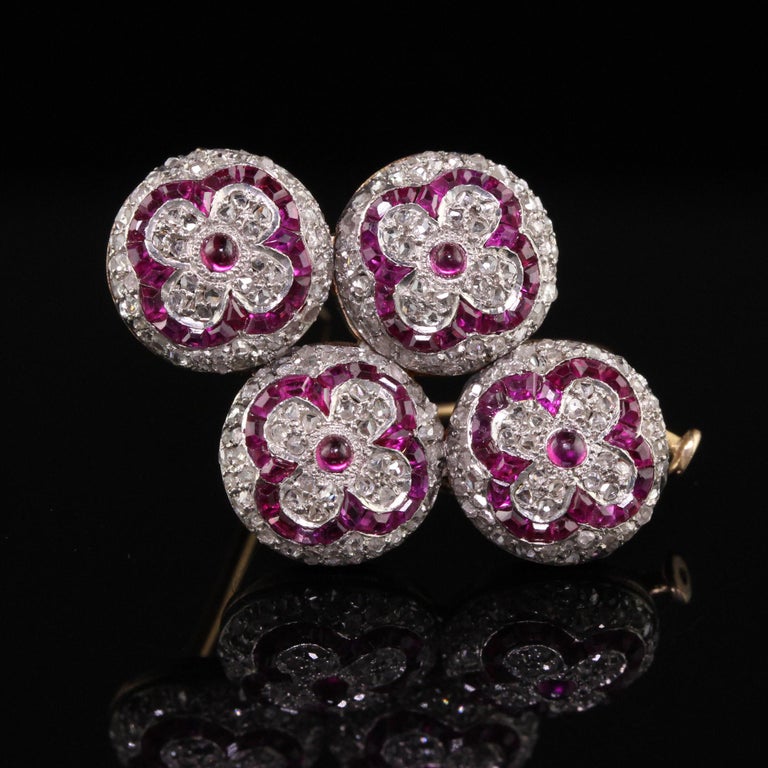 Antique Edwardian Platinum and 18K Gold Rose Cut Diamond Ruby Floral ...