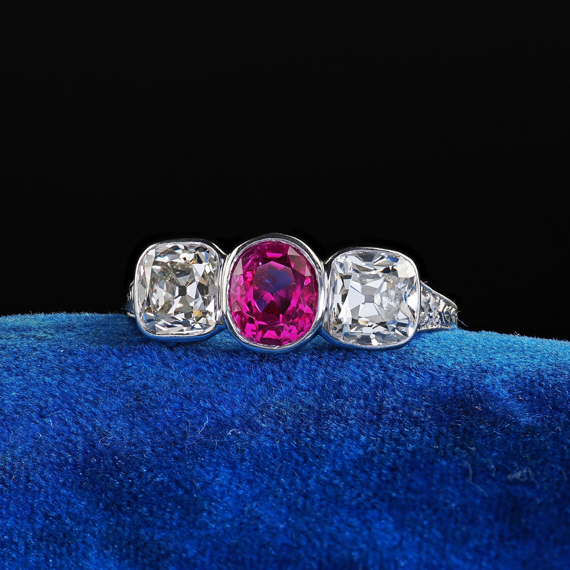 Antique Edwardian Platinum Old Mine Diamond Burma Ruby Three Stone Ring ...