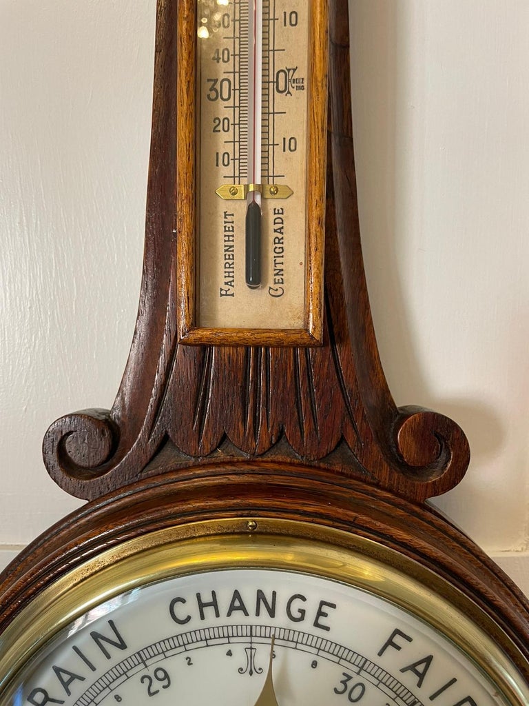 Antique Edwardian Quality Carved Oak Banjo Barometer For Sale at 1stDibs