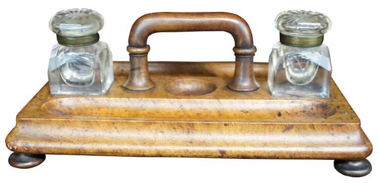 Antique Edwardian Walnut Double Inkwell Handled Footed Writing Desktop ...