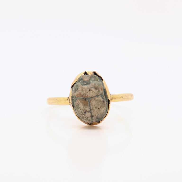 Antique Egyptian Gold and Faience Pottery Scarab Ring For Sale at 1stDibs