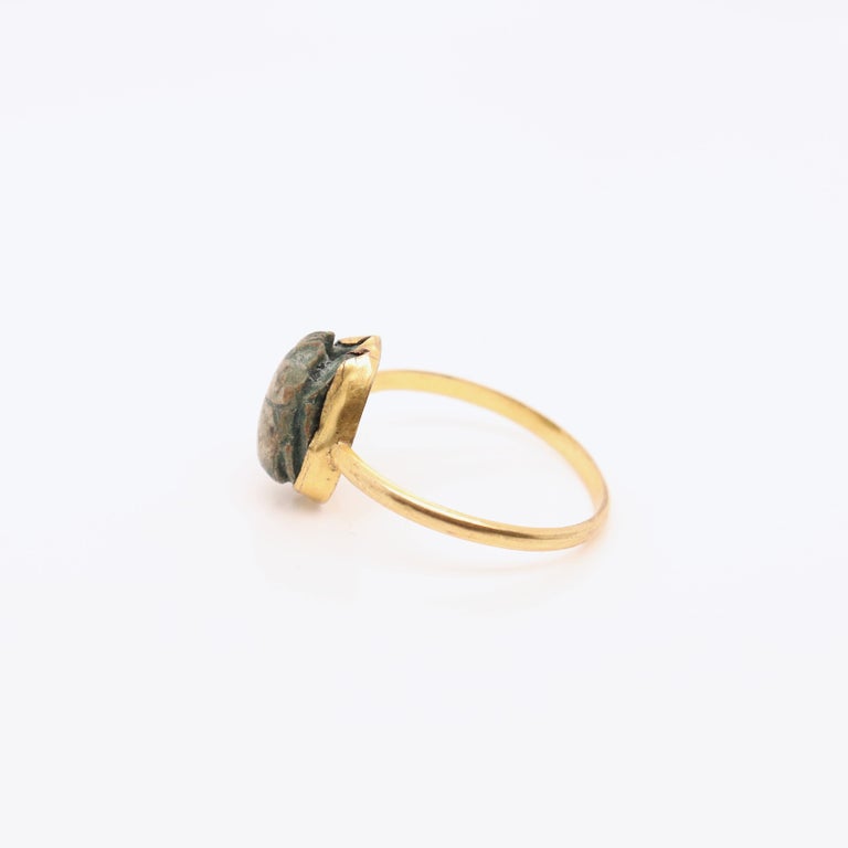 Antique Egyptian Gold and Faience Pottery Scarab Ring For Sale at 1stDibs