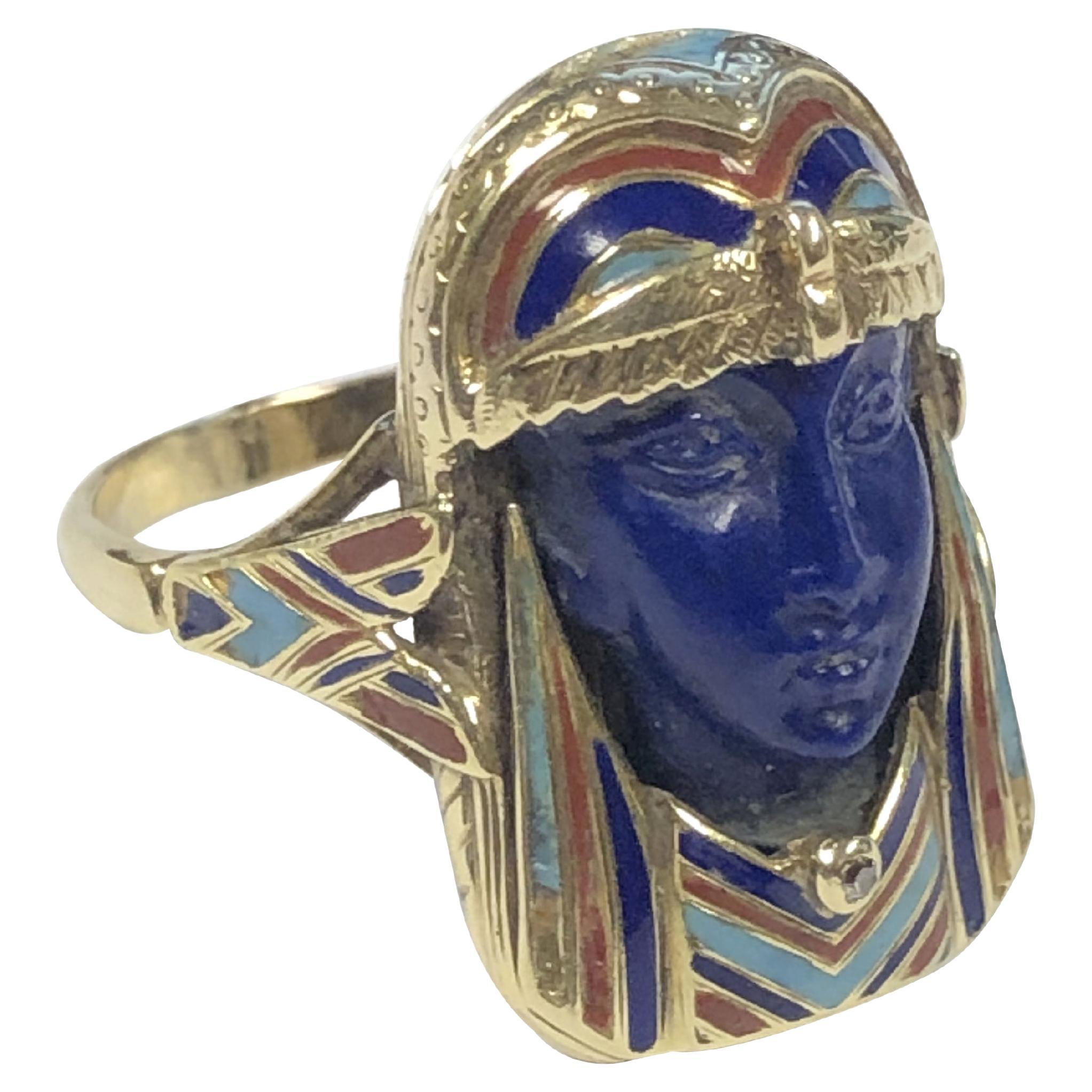 Antique Egyptian Revival Gold Enamel and Stone set Ring at 1stDibs