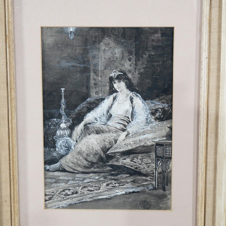 Antique Egyptian Revival Watercolor Portrait Painting of a Seated Woman ...
