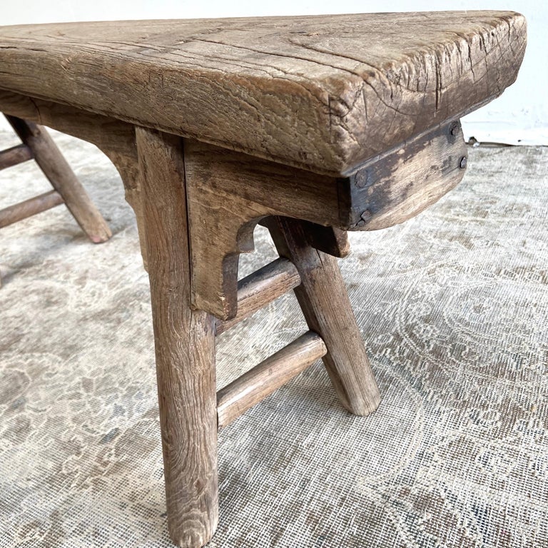 Antique Elm Wood Skinny Bench with Apron For Sale at 1stDibs