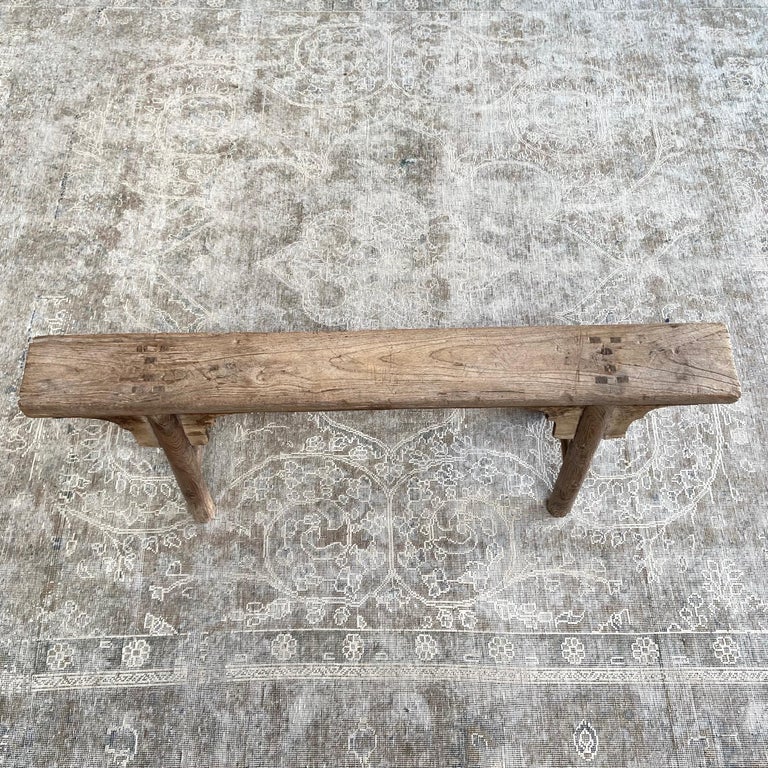 Antique Elm Wood Skinny Bench with Apron For Sale at 1stDibs