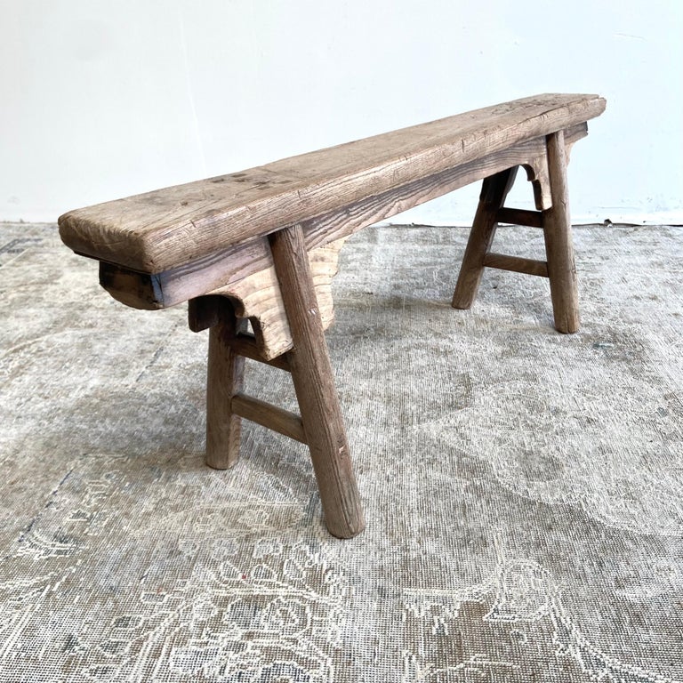 Antique Elm Wood Skinny Bench with Apron For Sale at 1stDibs