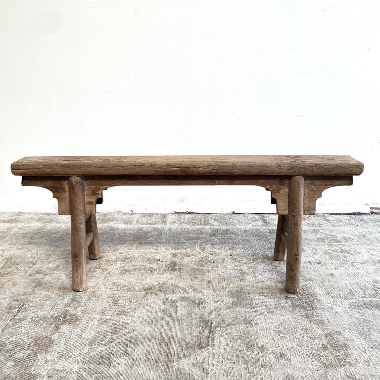 Antique Elm Wood Skinny Bench with Apron For Sale at 1stDibs