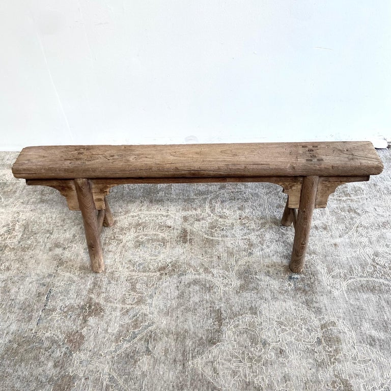 Antique Elm Wood Skinny Bench with Apron For Sale at 1stDibs