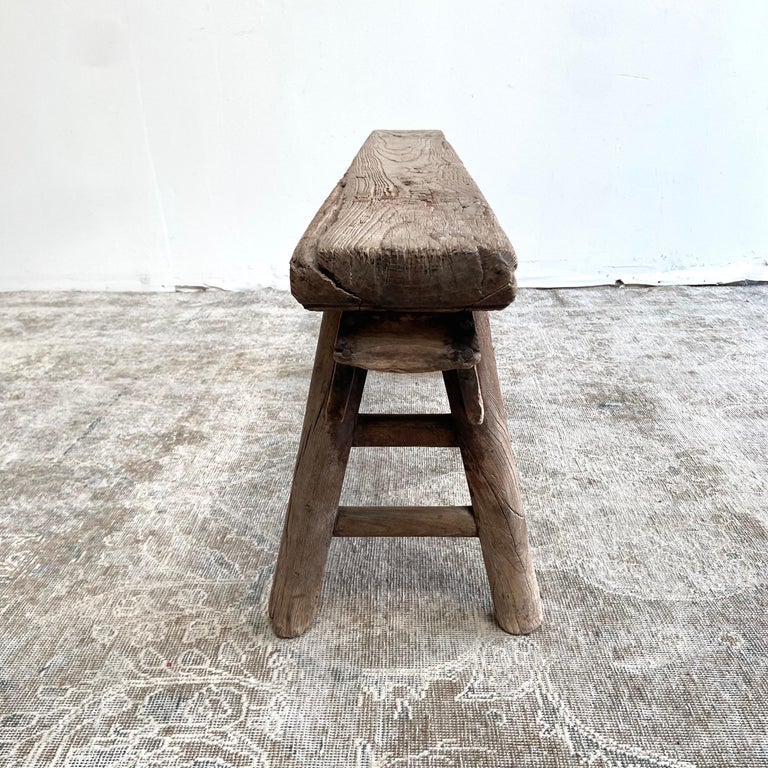 Antique Elm Wood Skinny Bench with Apron For Sale at 1stDibs