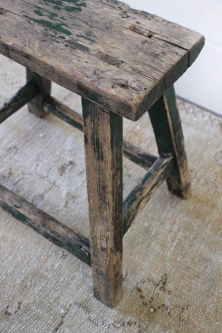 Antique Elm Wood Stool with Faded Green Paint at 1stDibs
