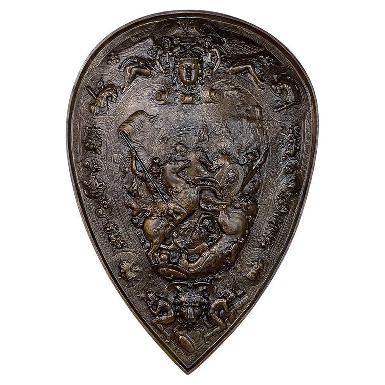 Antique Embossed Brass Decorative Wall Shield For Sale at 1stDibs