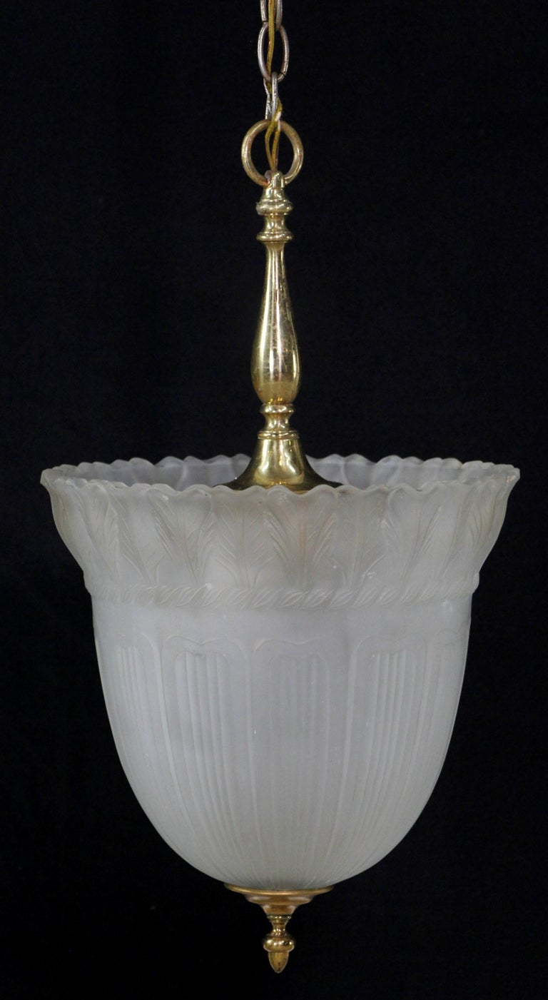Antique Embossed Frosted Cast Glass Pendant Light Brass Hardware ...
