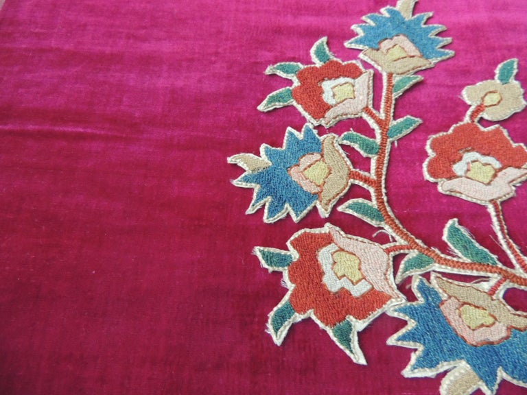 Antique Embroidered Floral Red and Blue Applique Textile For Sale at ...