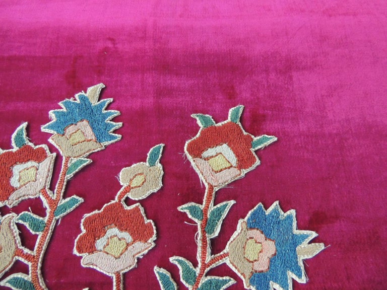 Antique Embroidered Floral Red and Blue Applique Textile For Sale at ...