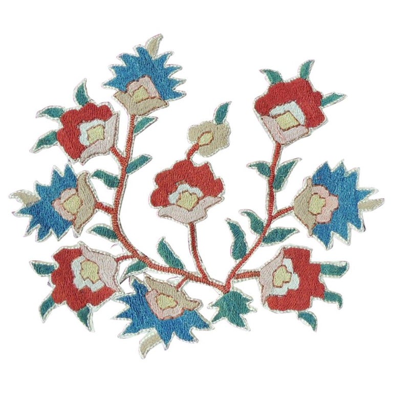 Antique Embroidered Floral Red and Blue Applique Textile For Sale at ...