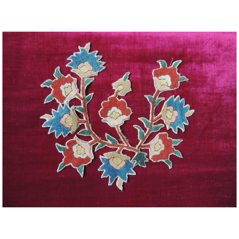 Antique Embroidered Floral Red and Blue Applique Textile For Sale at ...