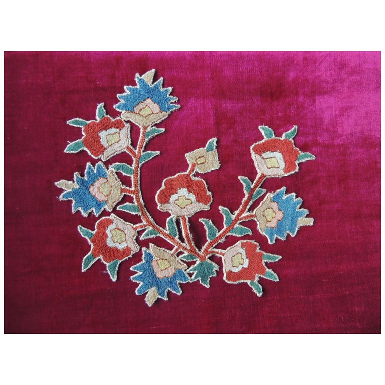 Antique Embroidered Floral Red and Blue Applique Textile For Sale at ...