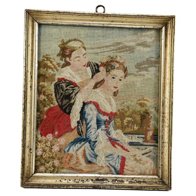 Antique Embroidery of a Romantic Scene with Women and Floral Crown ...