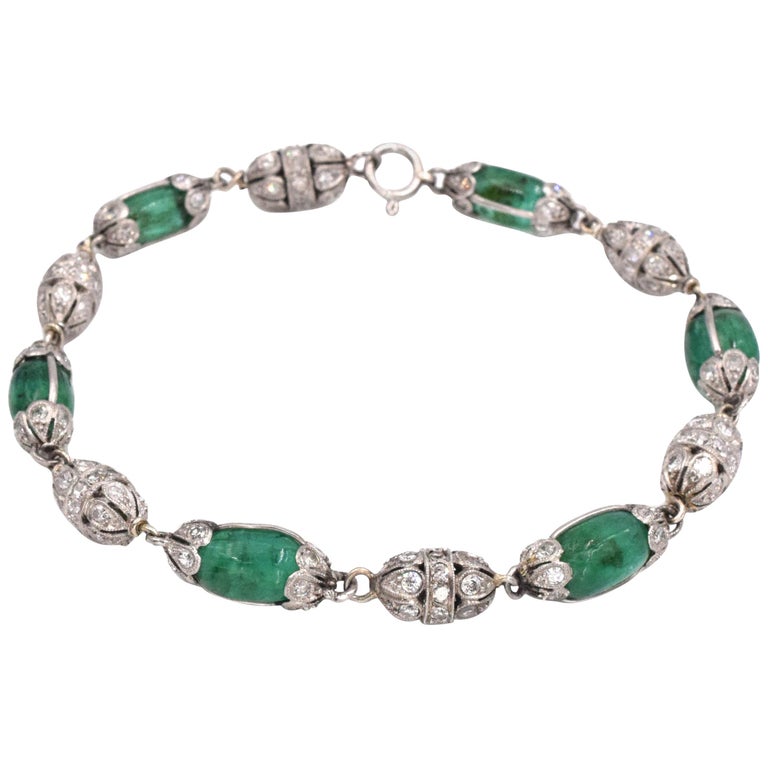 Art Deco Antique Emerald Bead and Diamond Bracelet For Sale at 1stDibs
