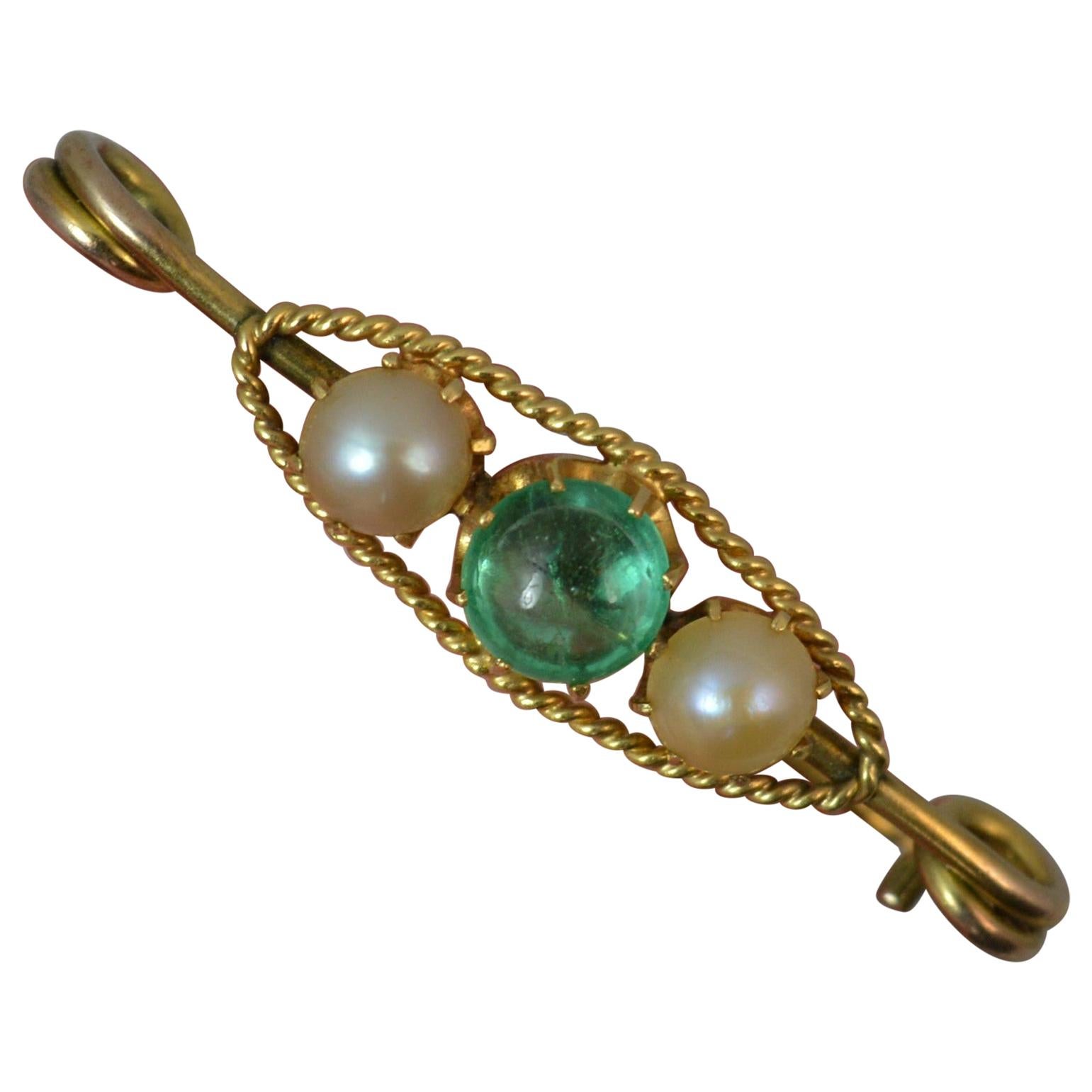 Antique Emerald Cabochon and Pearl 15 Carat Gold Pin Brooch For Sale at ...