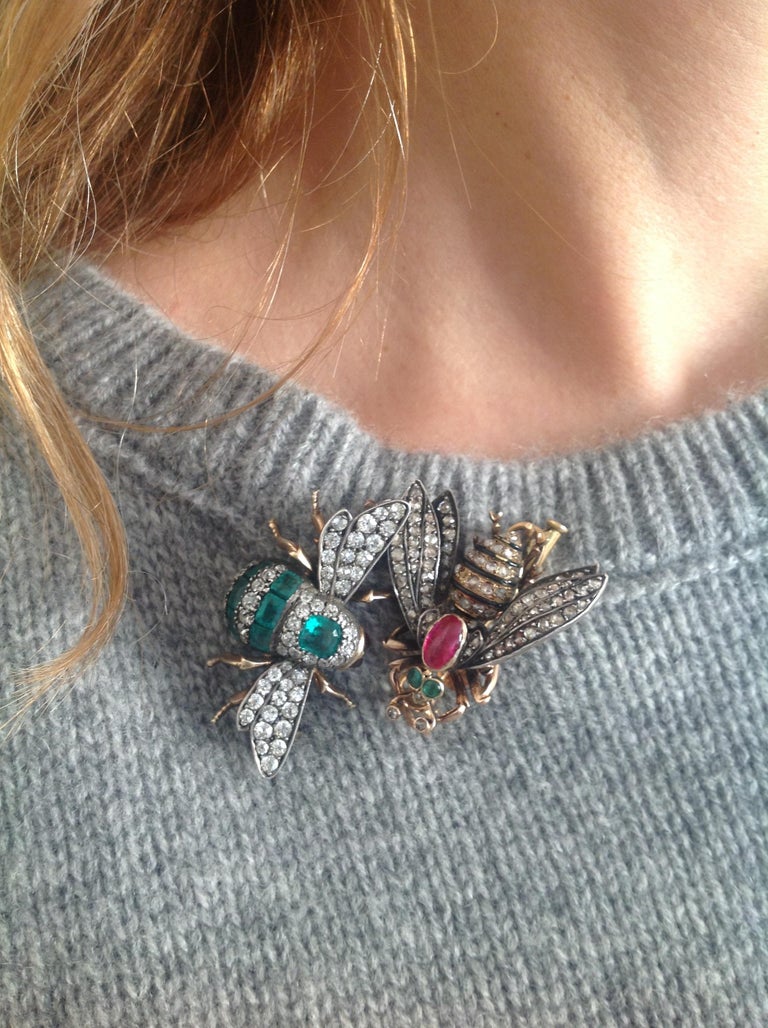 Antique Green Emerald White Rose Cut Diamond and Red Ruby Brooch, circa ...