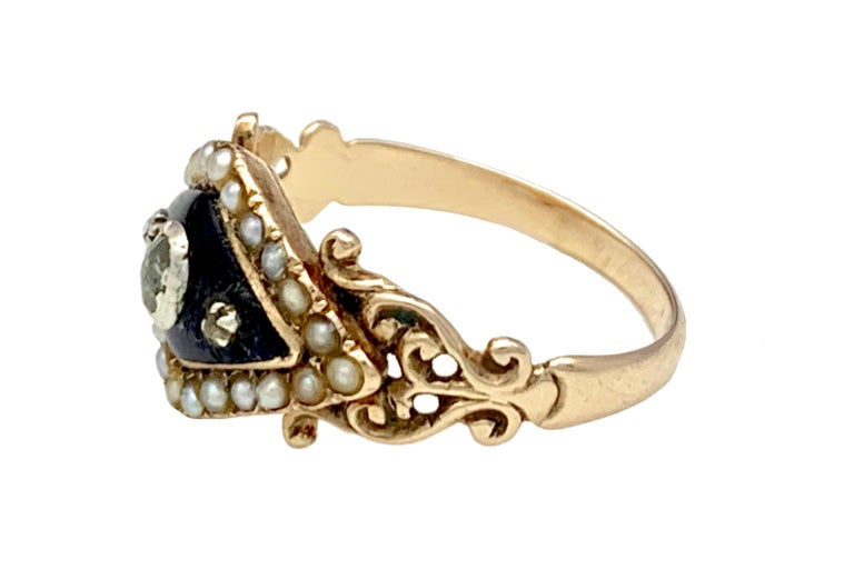 Antique Empire Love Token Ring 14 Karat Gold Diamond Blue Enamel ...