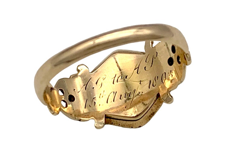 Antique Empire Love Token Ring 14 Karat Gold Diamond Blue Enamel ...