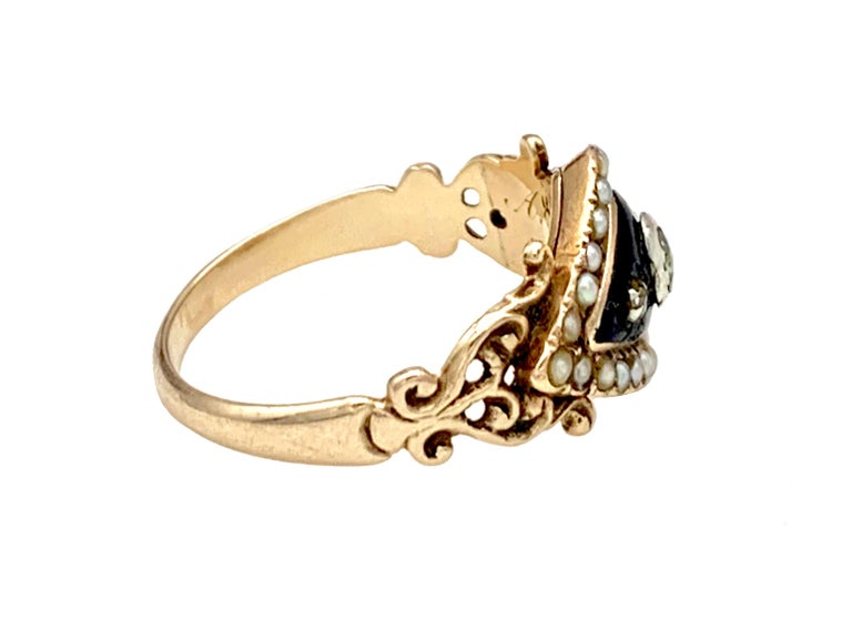 Antique Empire Love Token Ring 14 Karat Gold Diamond Blue Enamel ...