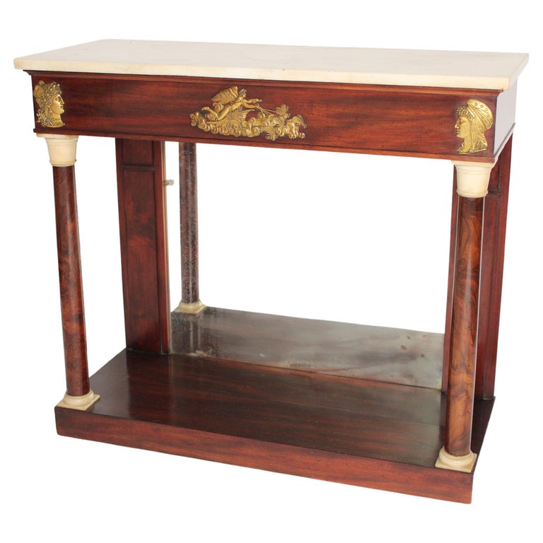 Antique Empire Style Mahogany Marble Top Console Table For Sale at 1stDibs