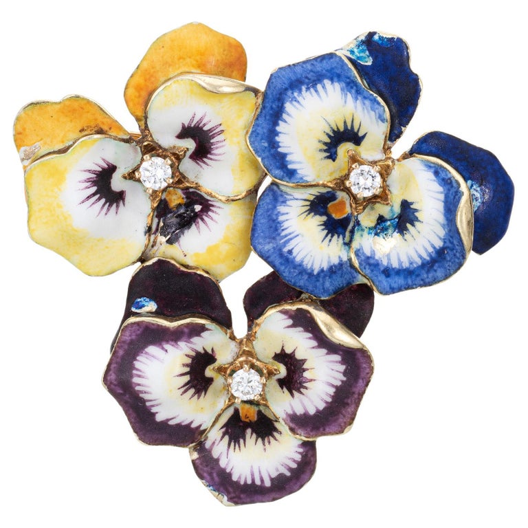 Antique Enamel 3 Pansy Pendant Brooch Diamond 14k Yellow Gold Flower ...