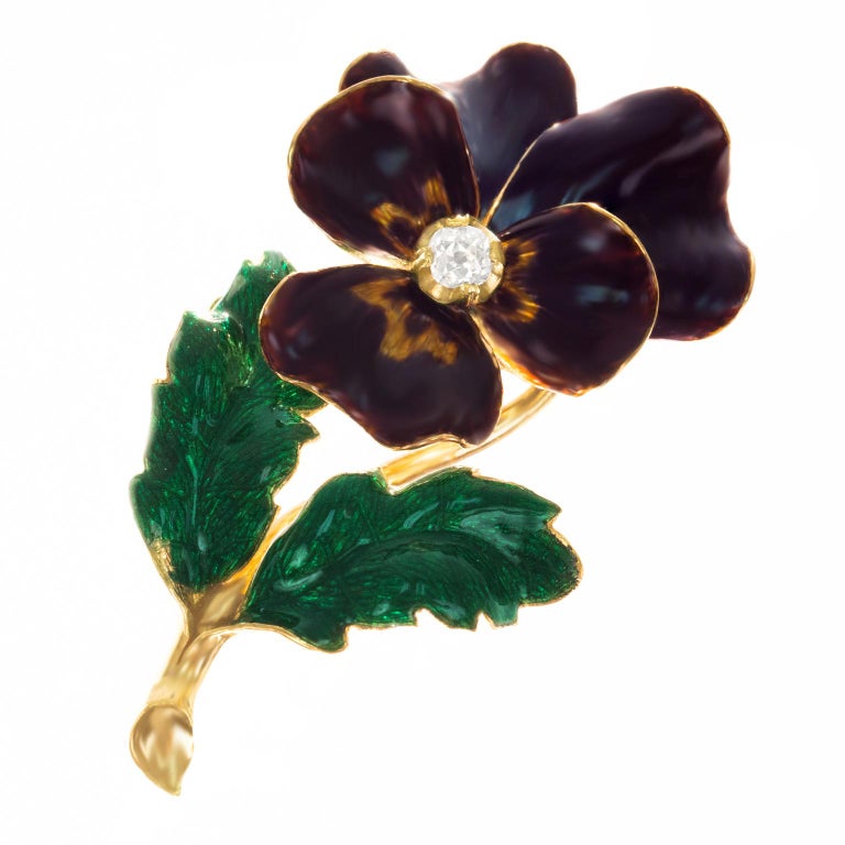 Antique Enamel and Diamond Pansy Brooch For Sale at 1stDibs