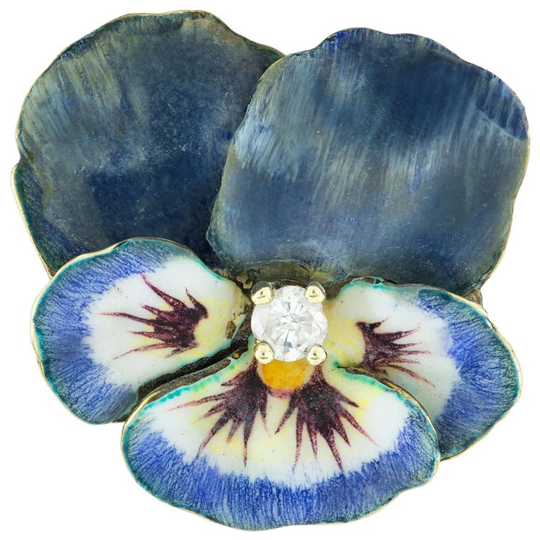 Antique Enamel and Diamond Pansy Brooch at 1stDibs