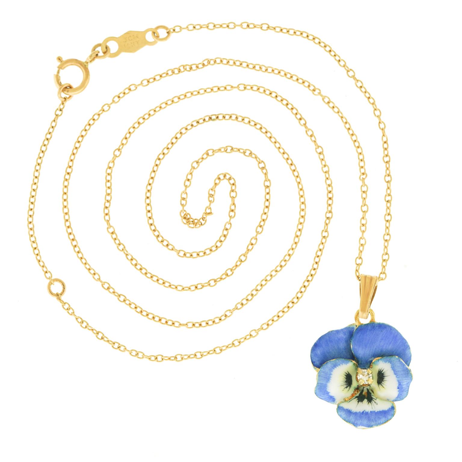 Antique Enamel and Diamond Pansy Pendant and Chain at 1stDibs