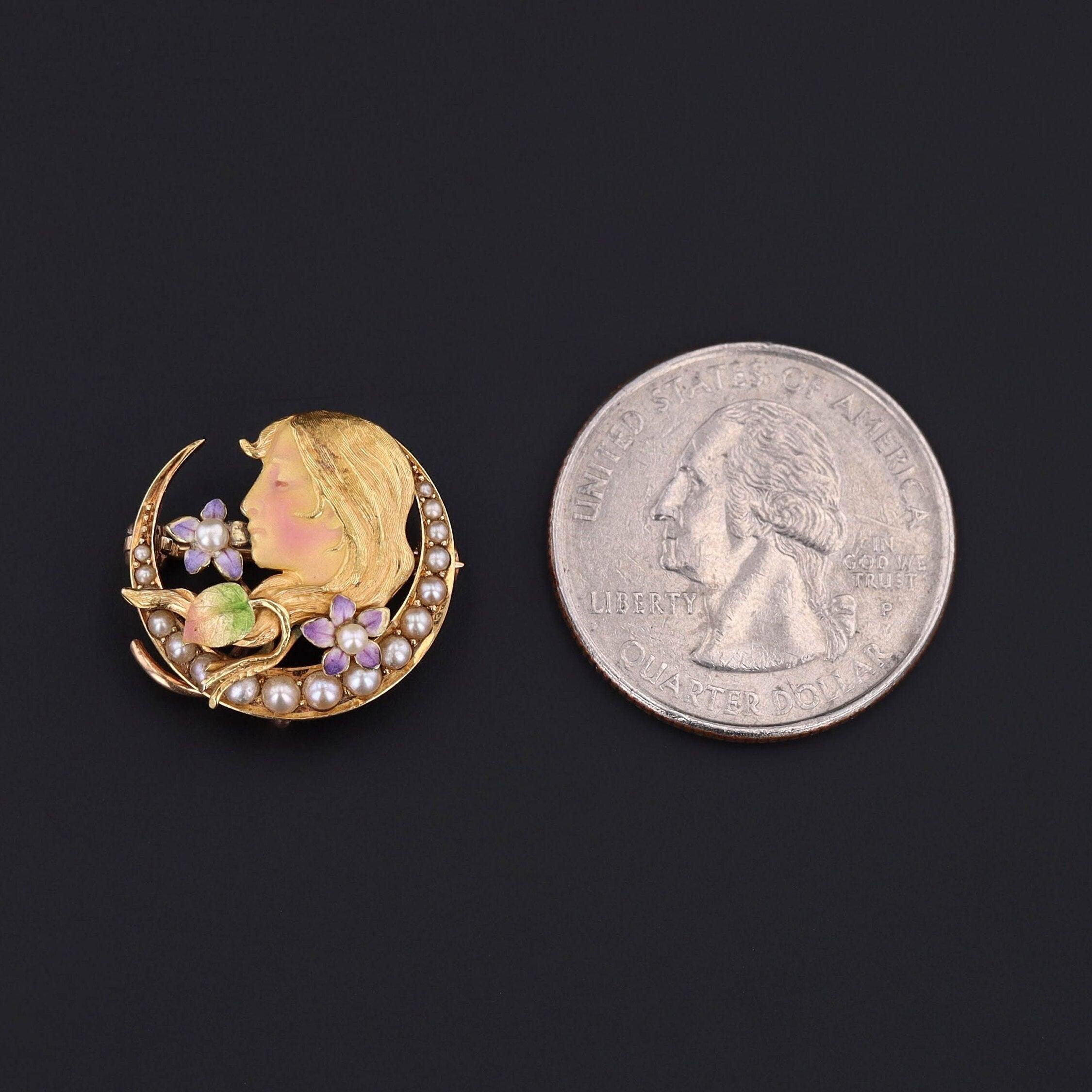 Antique Enamel and Pearl Woman Brooch by Krementz of 14k Gold For Sale ...
