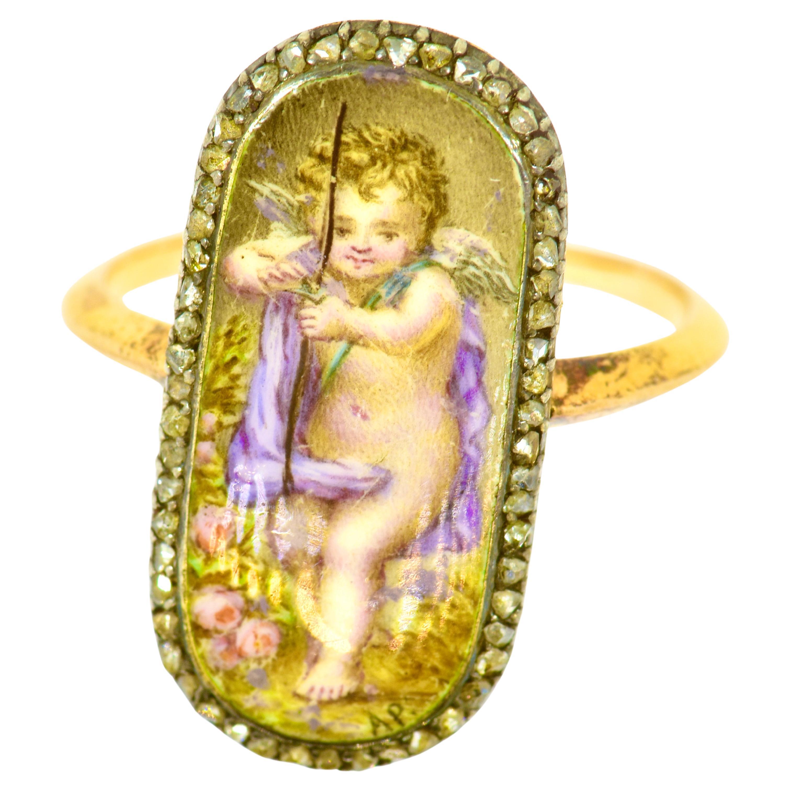 Antique Enamel and Rose Cut Diamond 18K, Cupid Motif, Ring, European, c ...