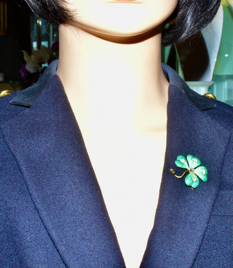 Antique Enamel Four Leaf Clover Pin, c. 1920 at 1stDibs