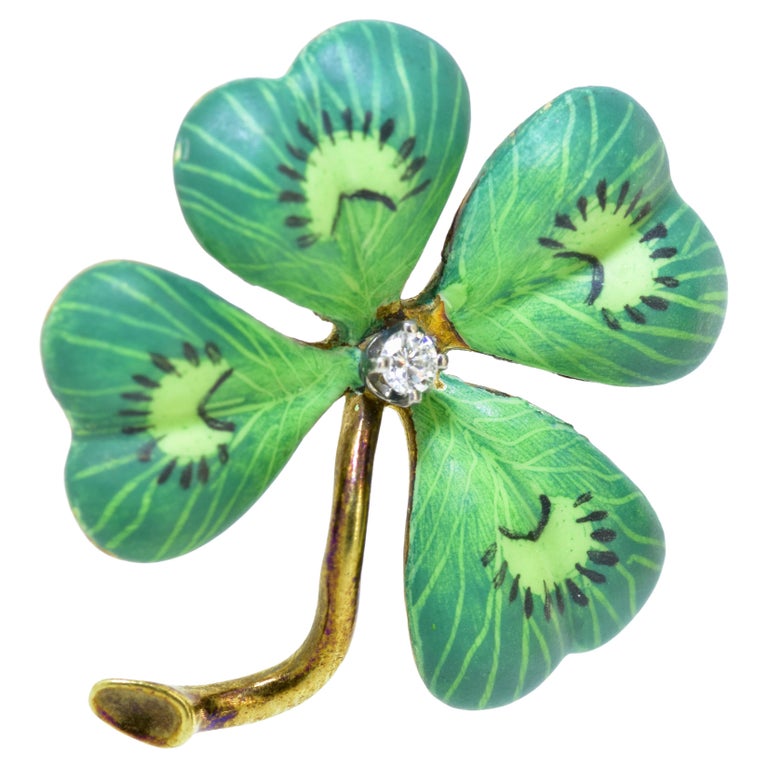 Antique Enamel Four Leaf Clover Pin, c. 1920 at 1stDibs